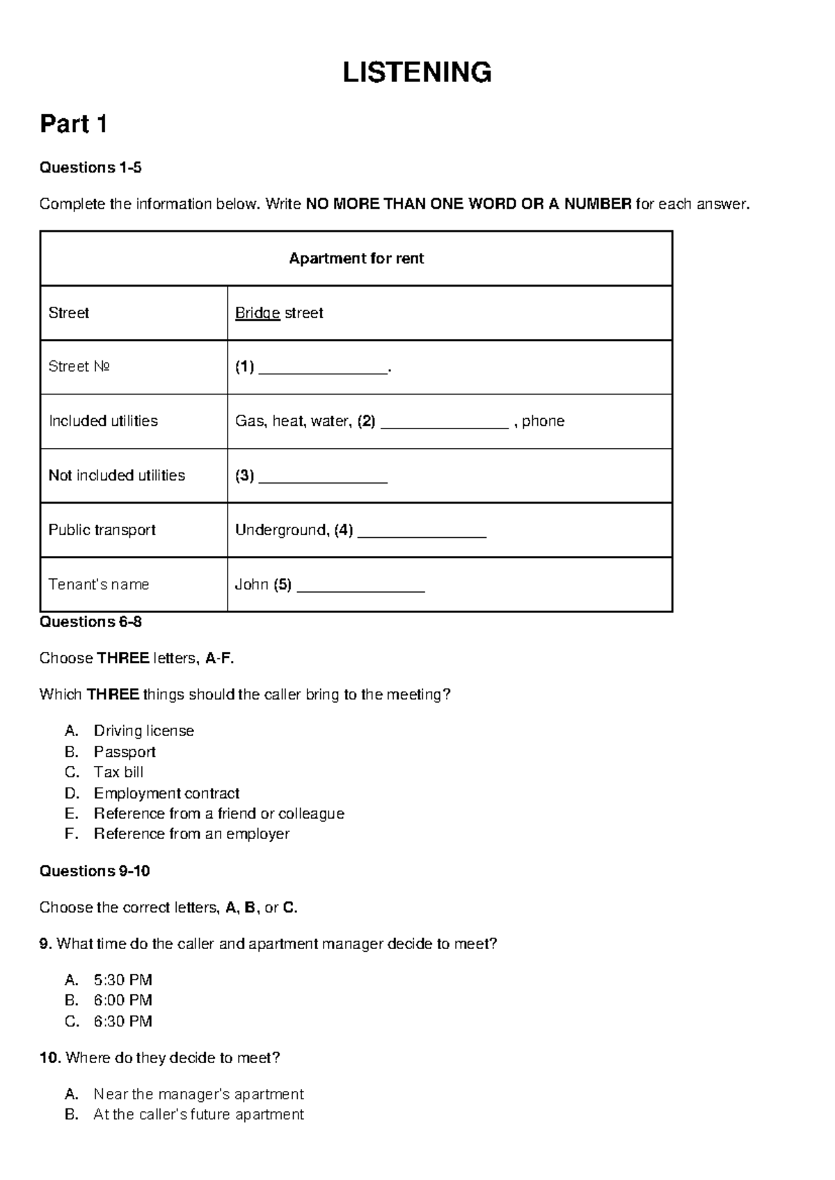 Ielts Mock Test - ffdsf - LISTENING Part 1 Questions 1- 5 Complete the ...