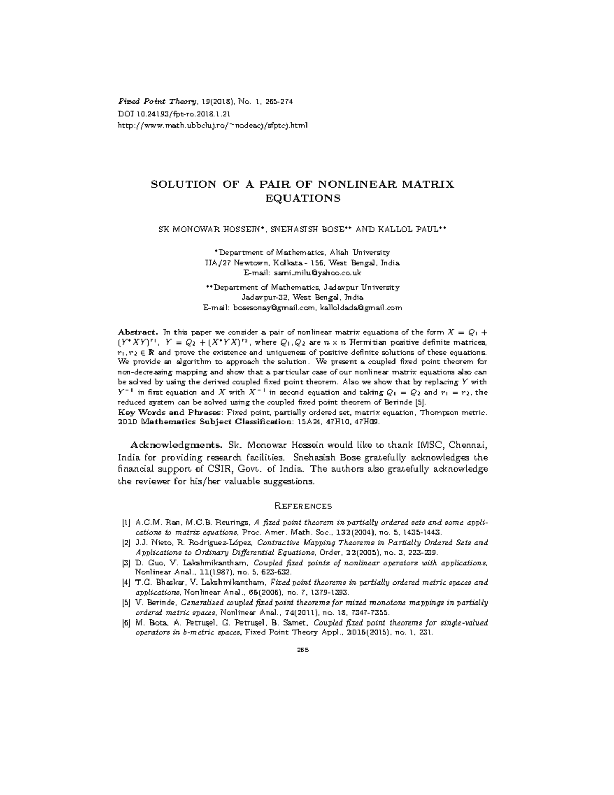 Solution of a pair of nonlinear matrix e - Fixed Point Theory, 19(2018 ...