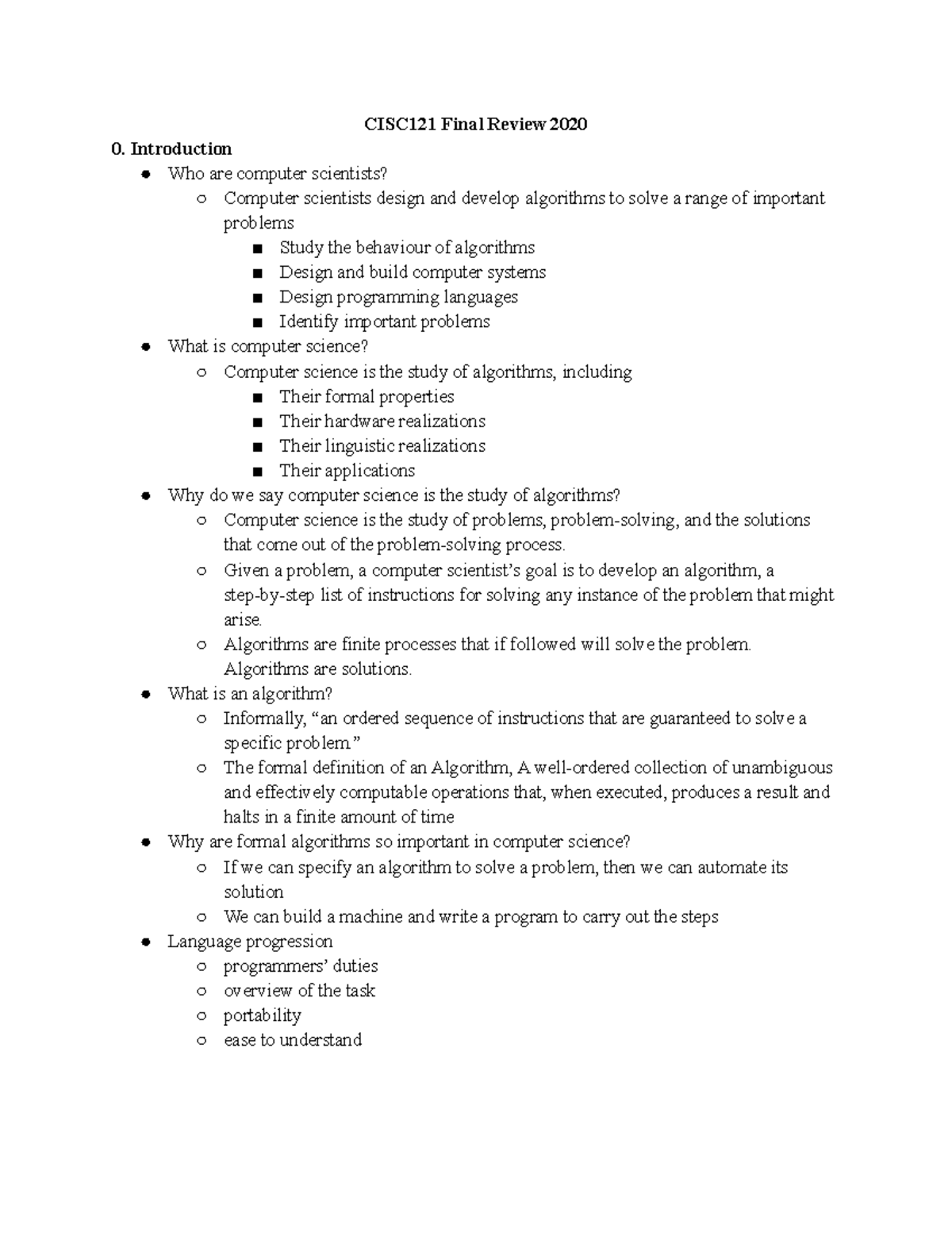CISC121 Final Exam Review - CISC121 Final Review 2020 0. Introduction ...