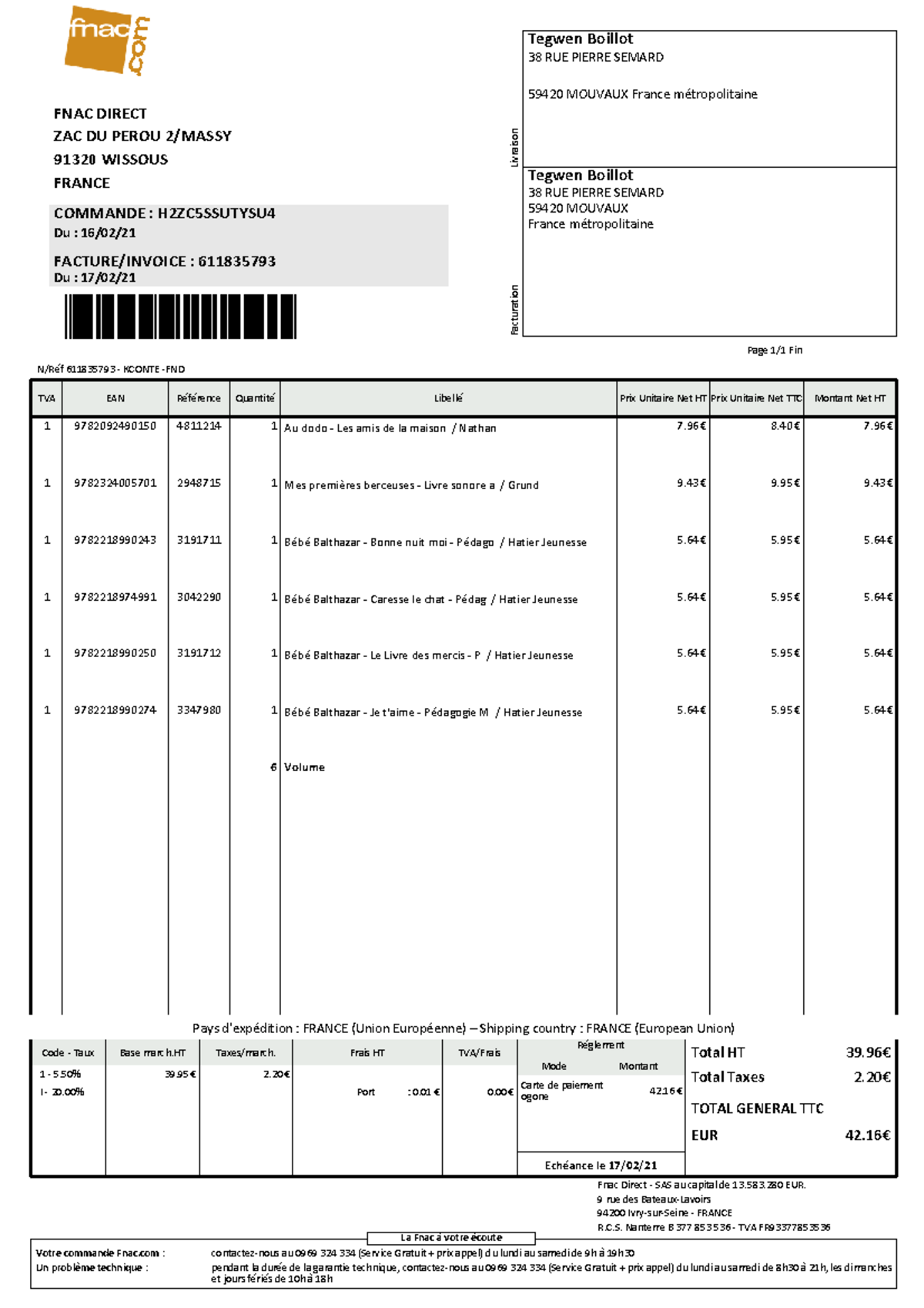 495631210 Facture La Fnac 1 - COMMANDE : H2ZC5SSUTYSU Du : 16/02 ...