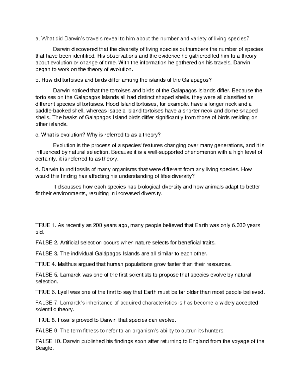 Evolution quiz - this is biology practice quiz - a. What did Darwin’s ...
