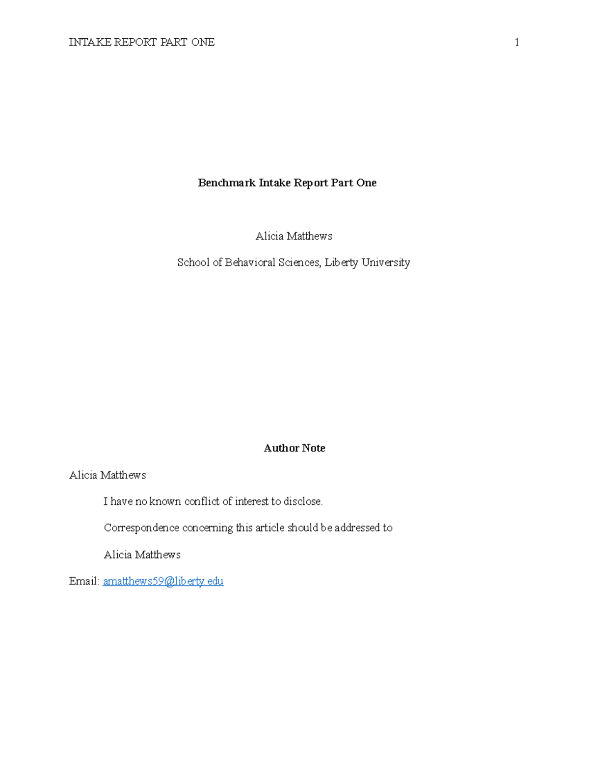 Benchmark Intake Report- assignment - Couc 521 - LU - Studocu