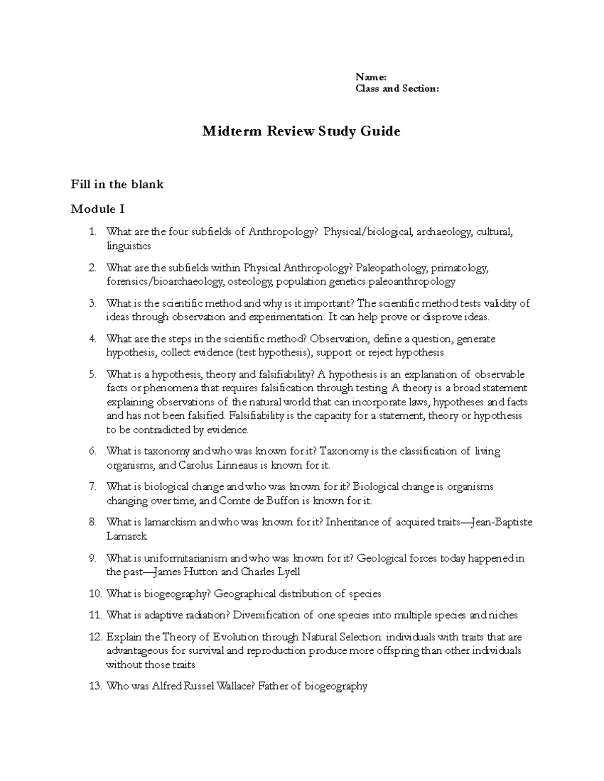 Midterm Study Guide ANT 110-1 - Name: Class and Section: Midterm Review ...