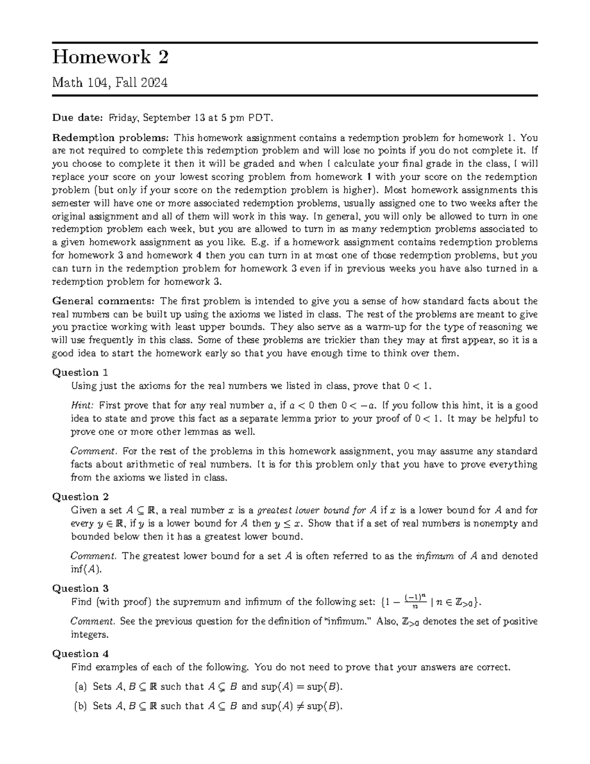 Homework 2 - Homework 2 Math 104, Fall 2024 Due date: Friday, September 13 at 5 pm PDT ...