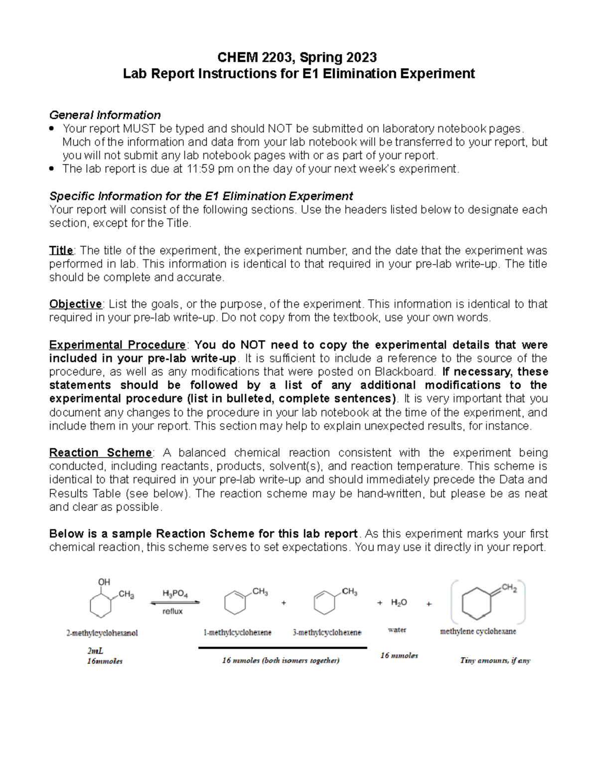 Spring 2023 E1 Elimination Lab report template - CHEM 2203, Spring 2023 Lab Report Instructions ...