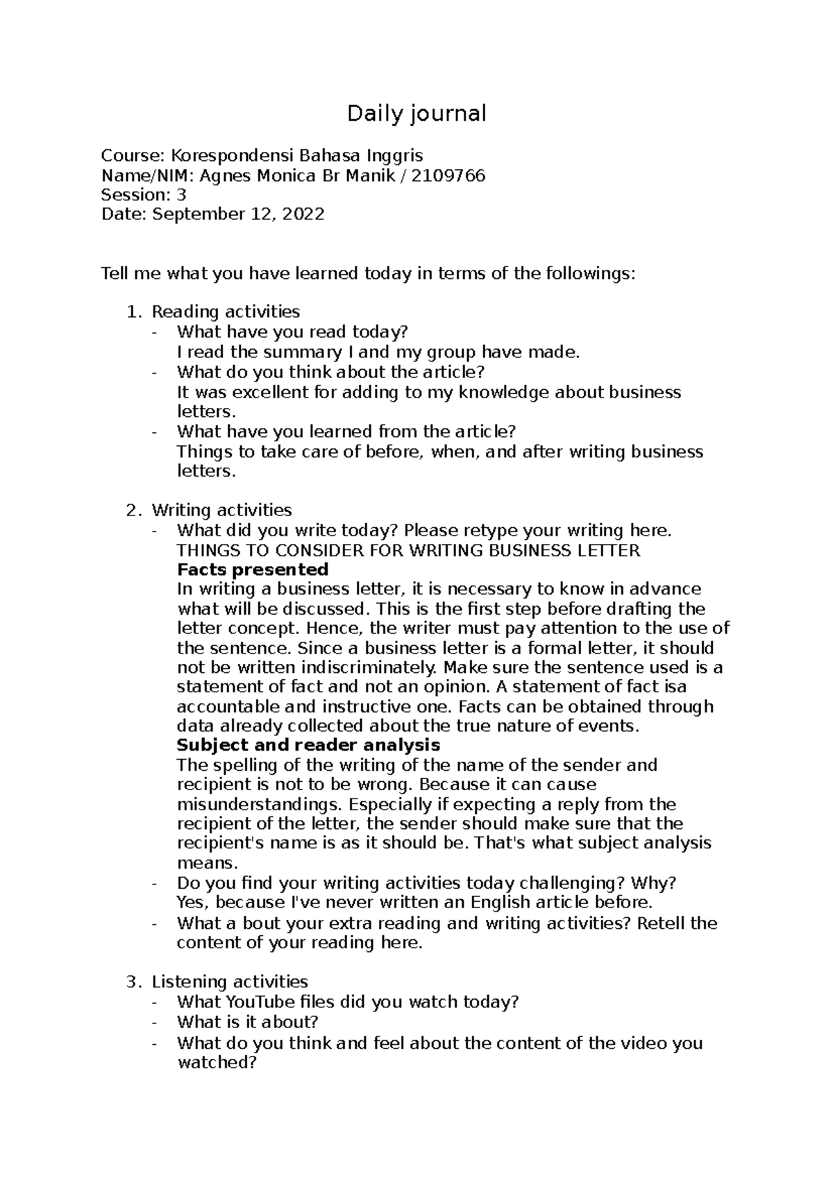 Daily journal at English Course to reflect student's understanding ...