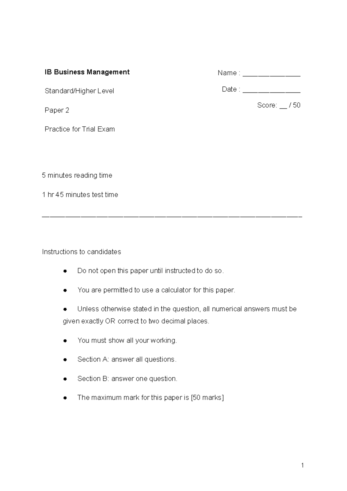 IB BM Trial Exam - Practise - IB Business Management Standard/Higher ...