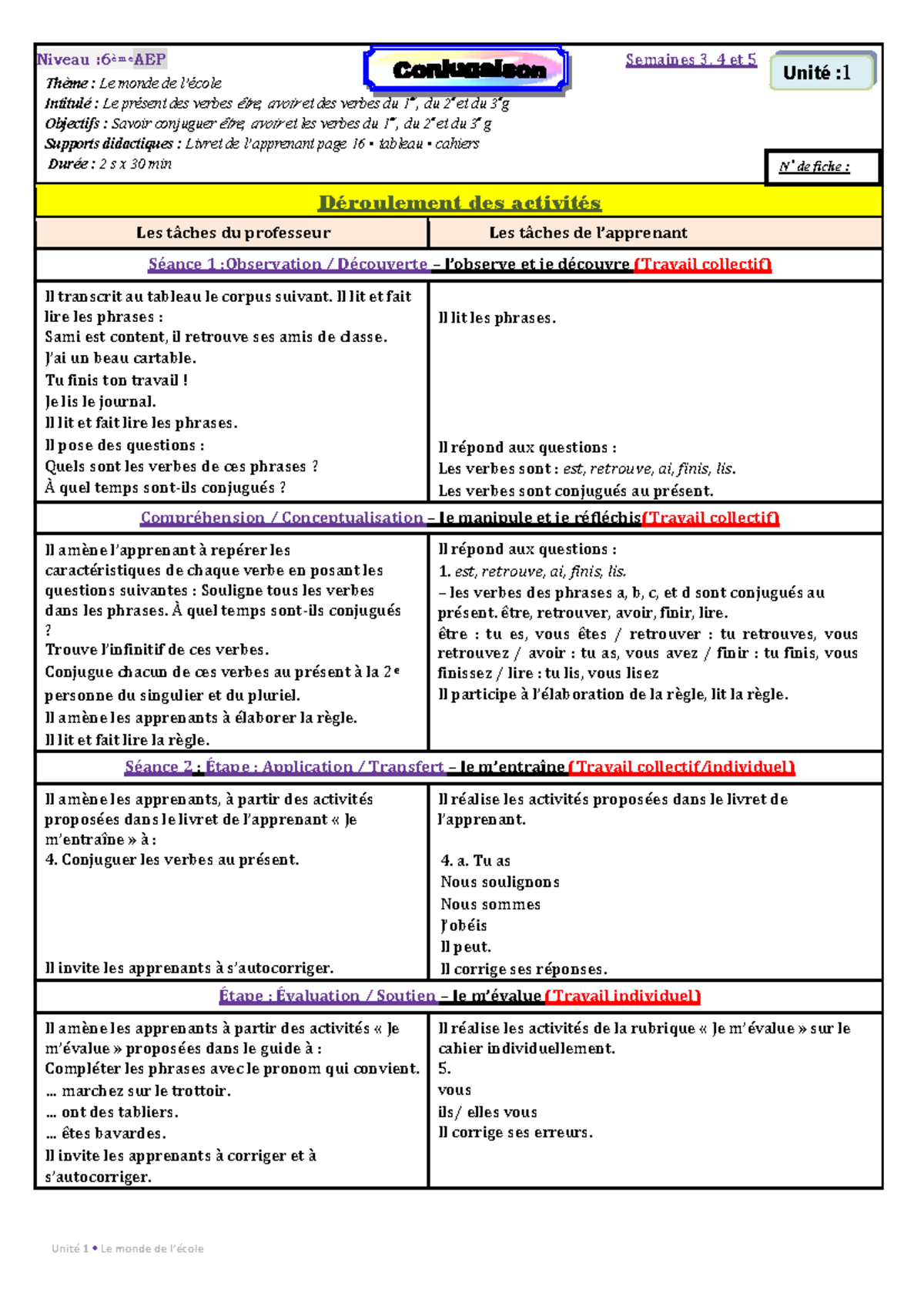 Fiches 6 mes apprentissages 2019 www - Unité 1 • Le monde de l’école ...