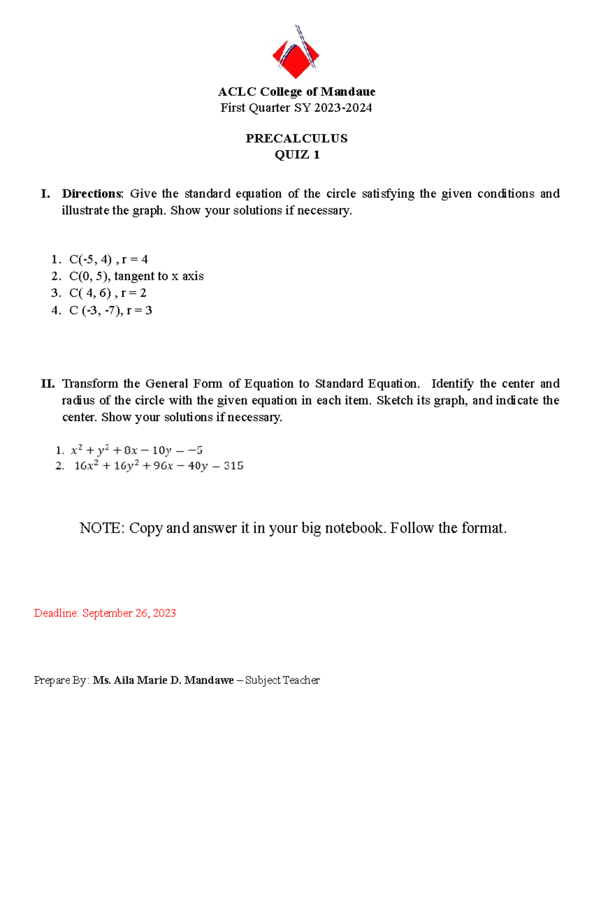 QUIZ-1-Precalculus Circle - ACLC College of Mandaue First Quarter SY ...