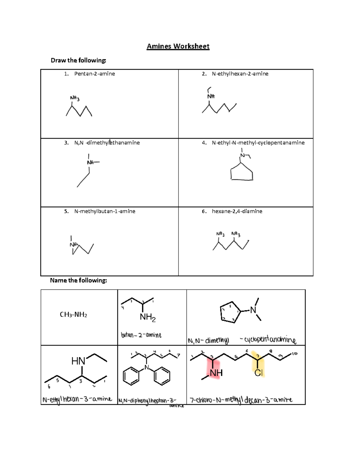 Amines and Amides Worksheet - Amines Worksheet Draw the following ...