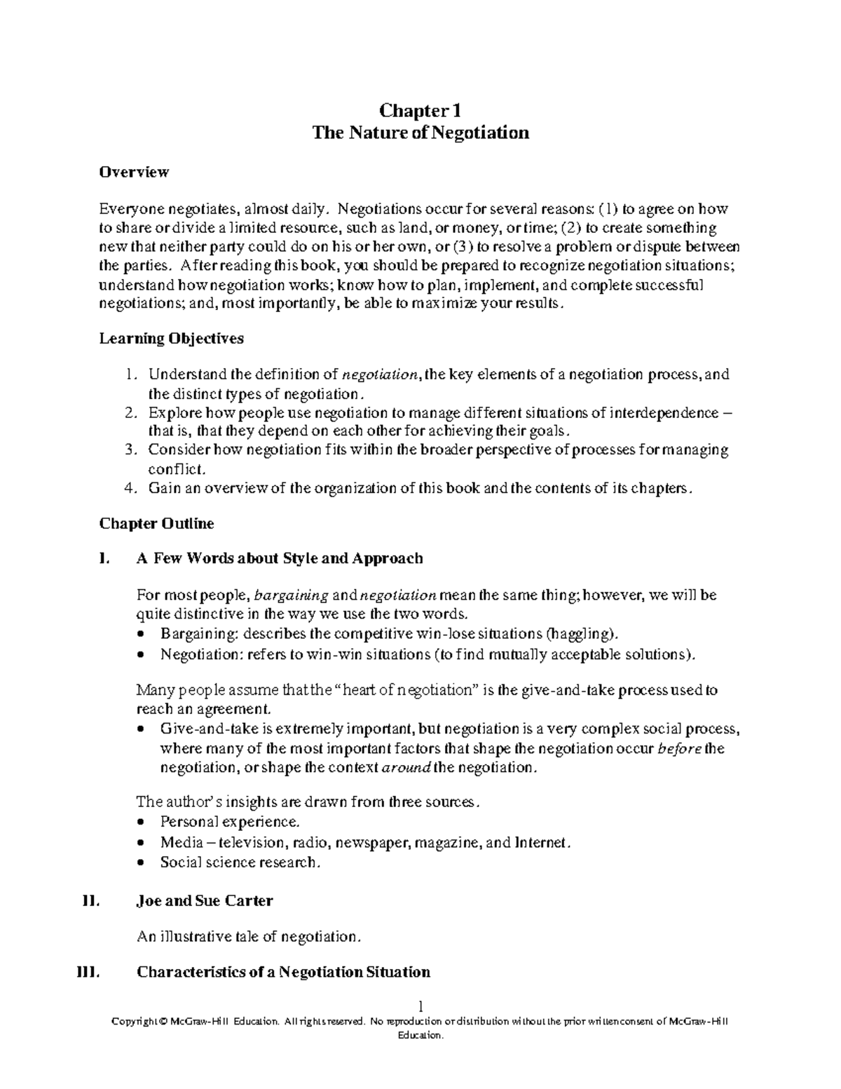 Chapter 1 Nature of Negotiation - 1 Copyright © McGraw-Hill Education ...