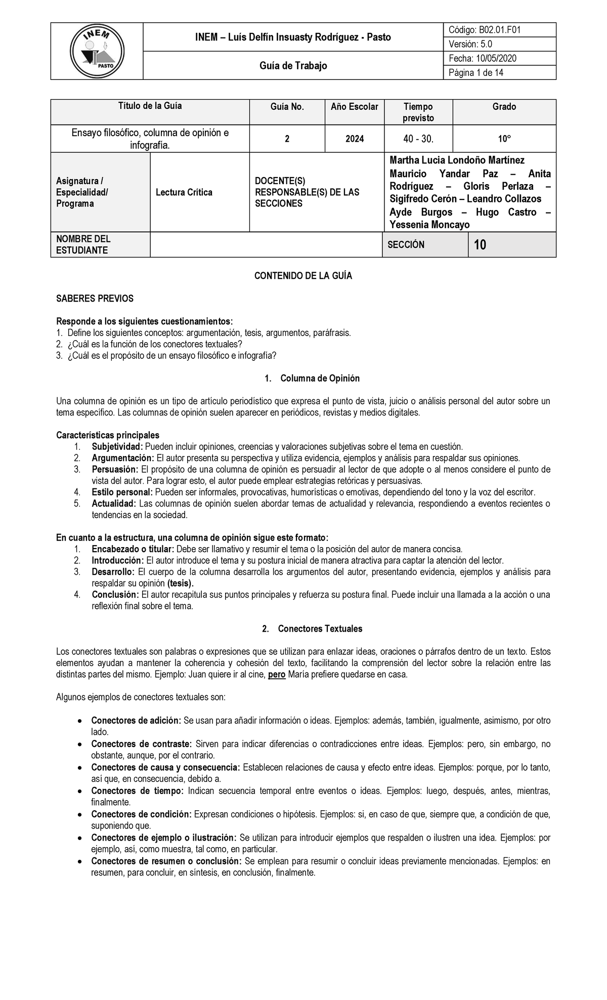 Guía 2 Lectura Crítica Décimo 2024 PDF - INEM – Luís Delfín Insuasty Rodríguez - Pasto Versión ...