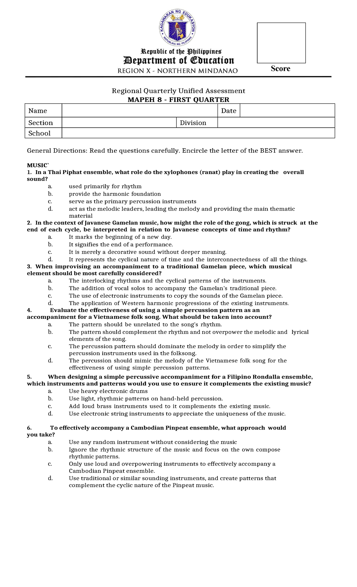 Mapeh 8 1st quarter final - Regional Quarterly Unified Assessment MAPEH ...