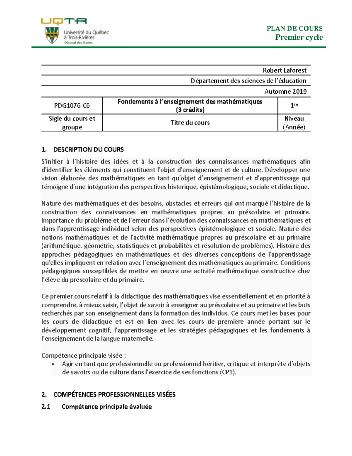 Plan de cours PDG1076-C6 aut. 2019 - PLAN DE COURS Premier cycle Robert ...