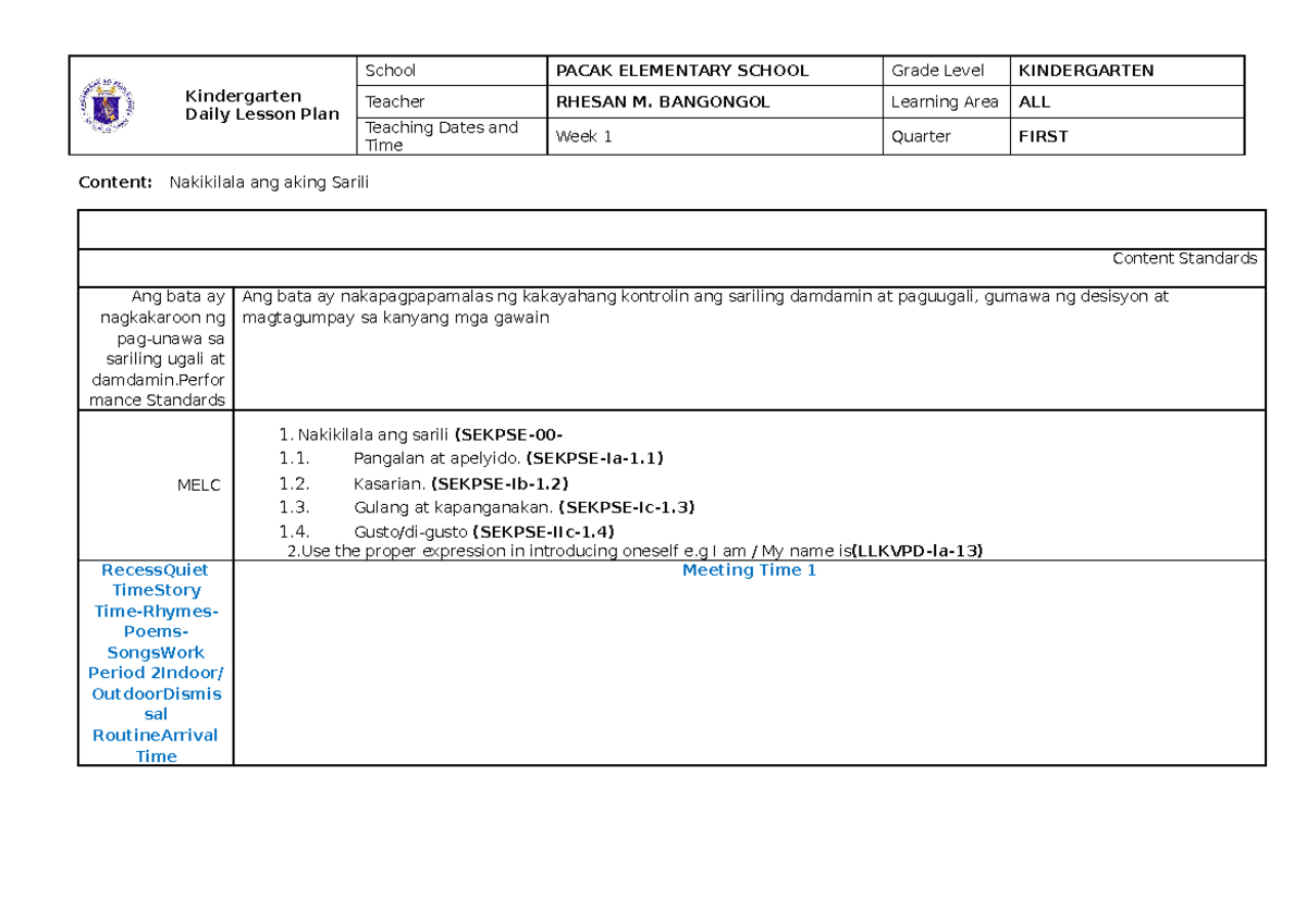 Kinder-New-DLL week1 day4 - Kindergarten Daily Lesson Plan School PACAK ...
