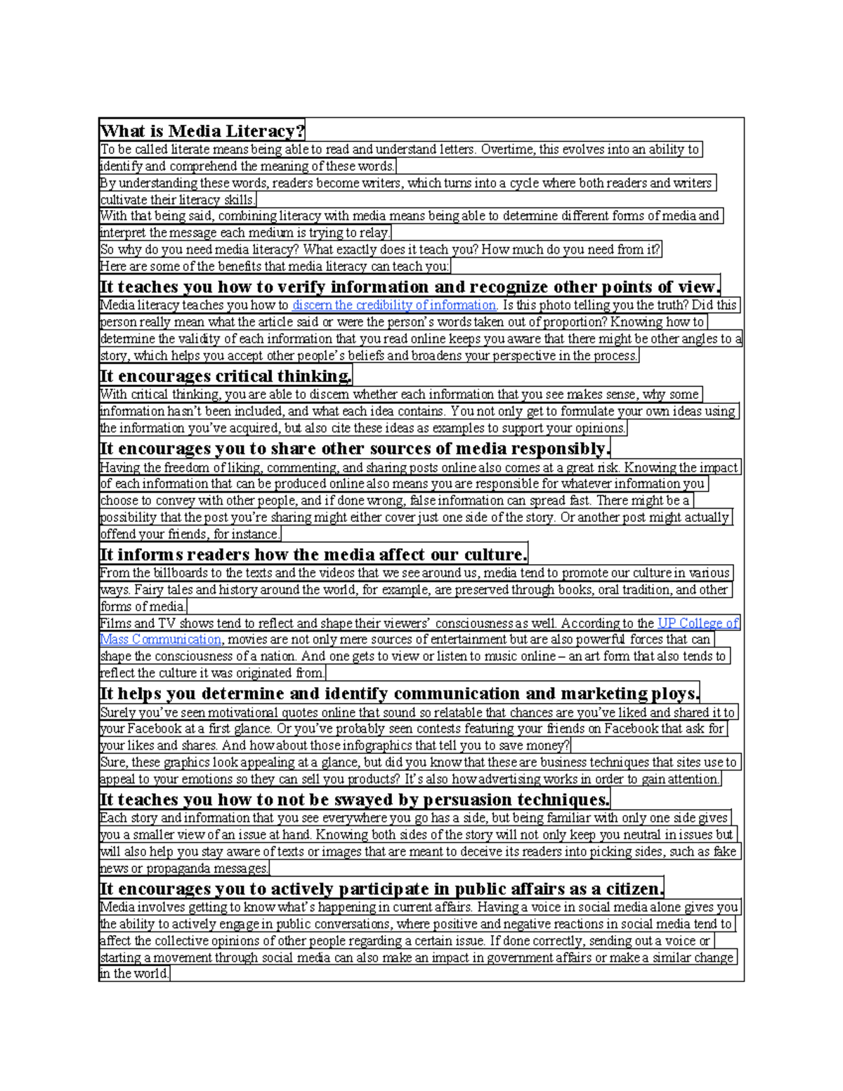 Information - What is Media Literacy? ####### To be called literate ...