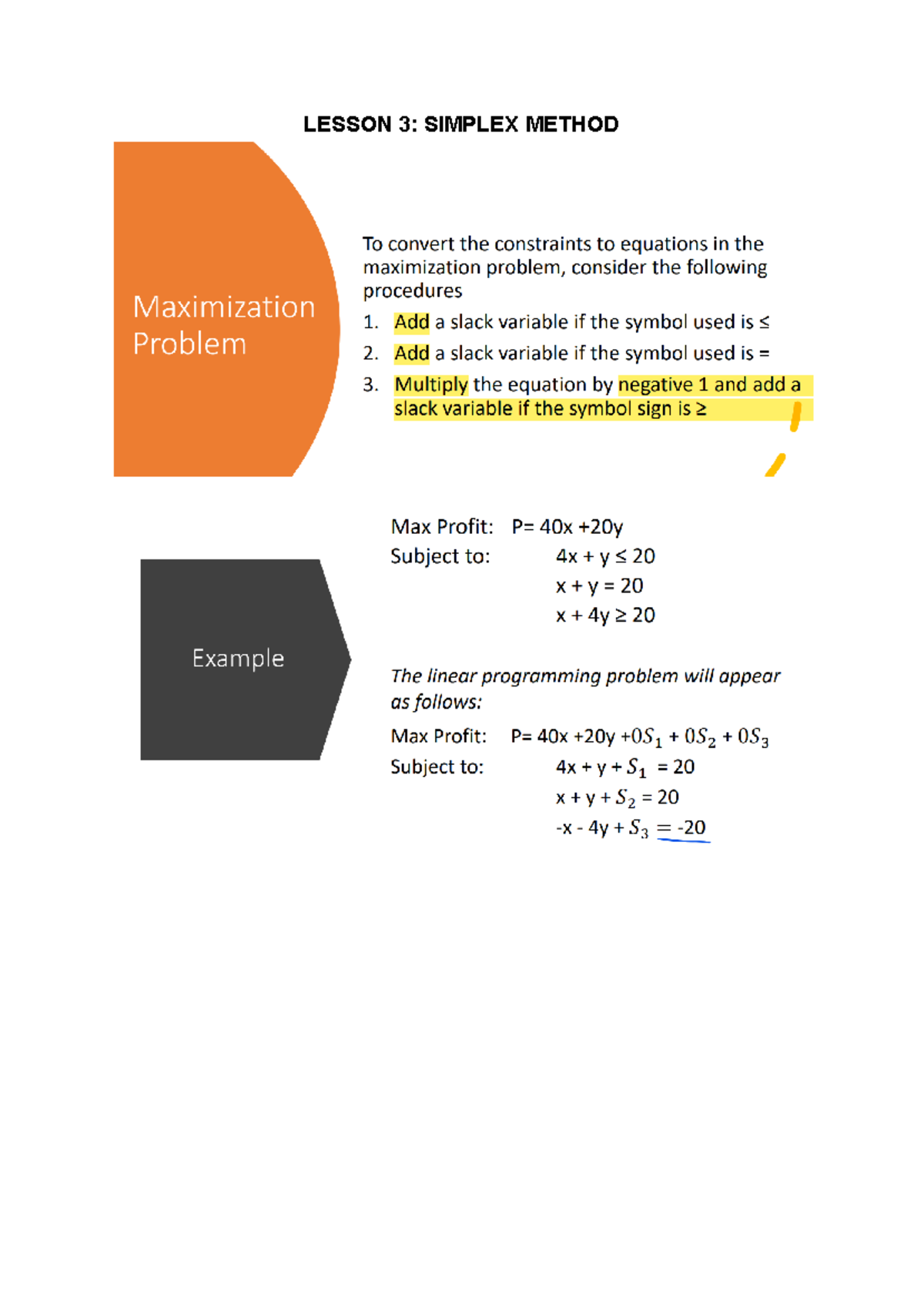Lesson 3 - Summary Management Science - LESSON 3: SIMPLEX METHOD To ...