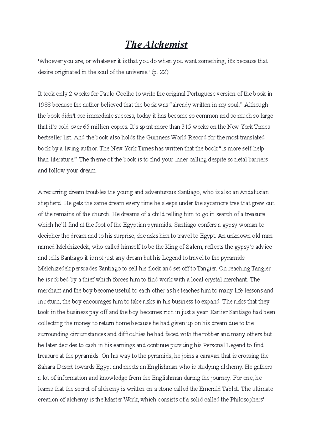 Book Review (The Alchemist) - The Alchemist 'Whoever you are, or ...