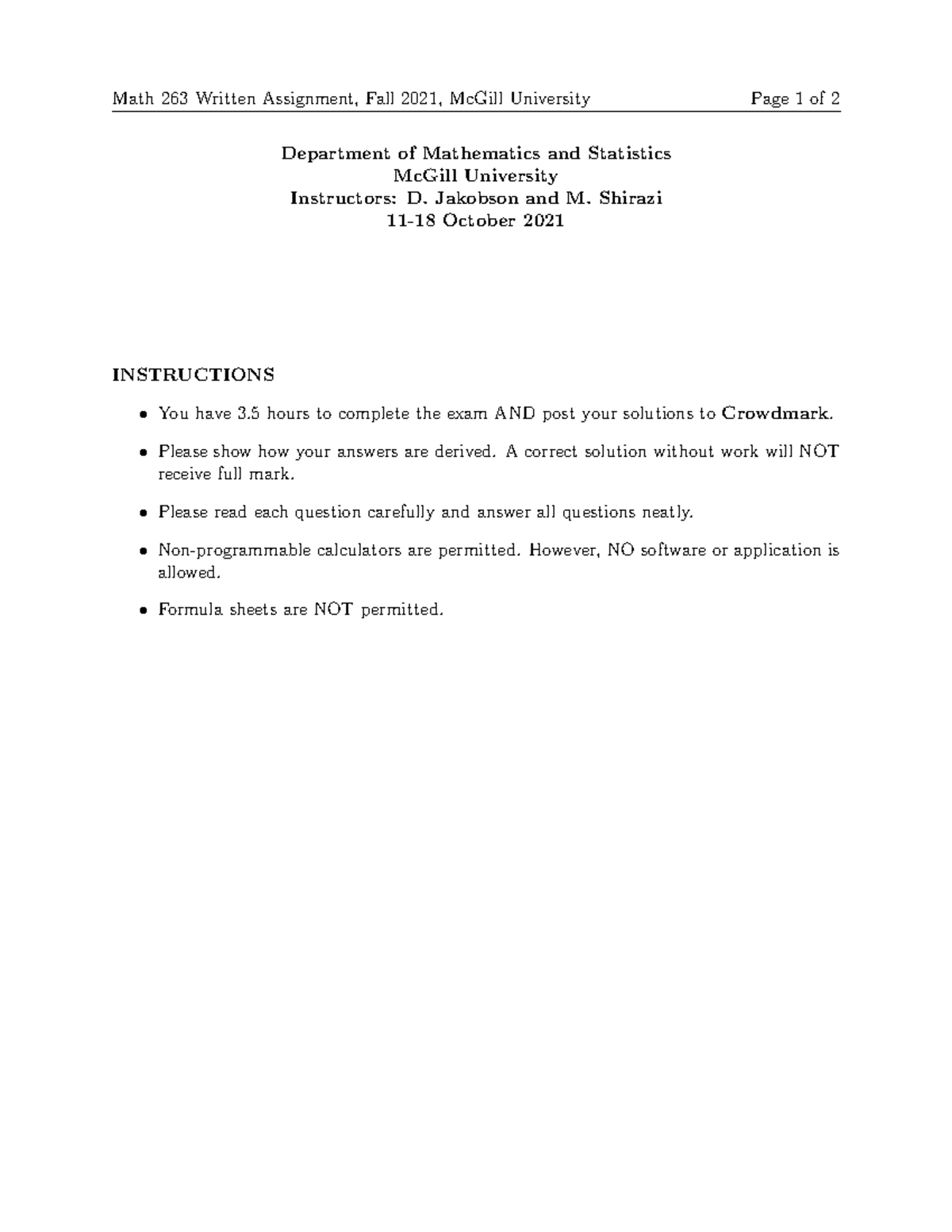 Assignment 1 solutions math 263 - Math 263 Written Assignment, Fall ...