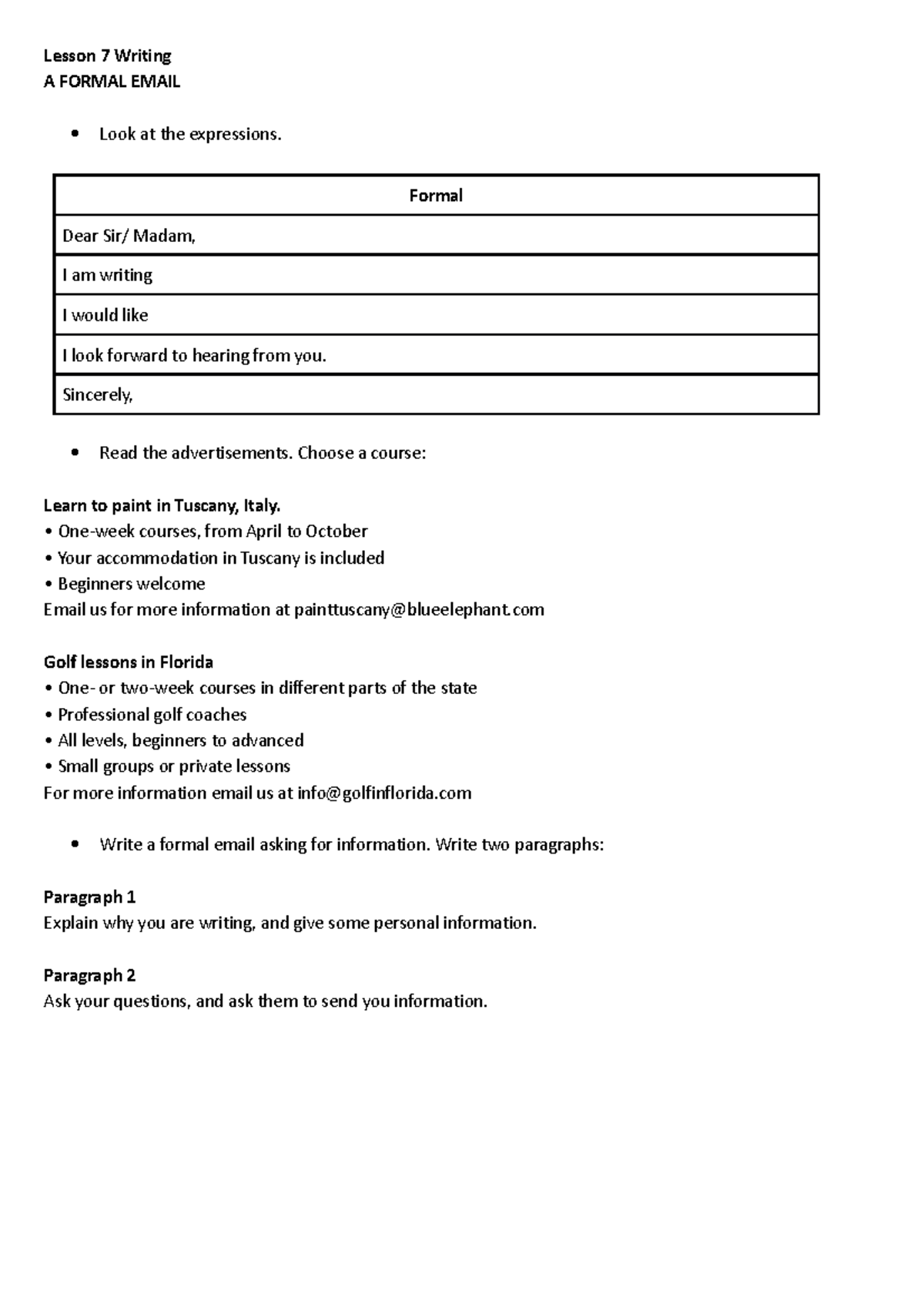 Lesson 7 Writing - ingles - Lesson 7 Writing A FORMAL EMAIL Look at the ...