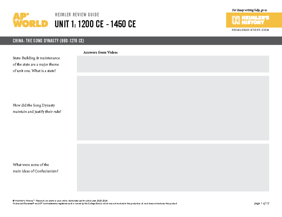 AP World HRG Unit 1 Noteguide - © Heimler’s History TM Please do not ...