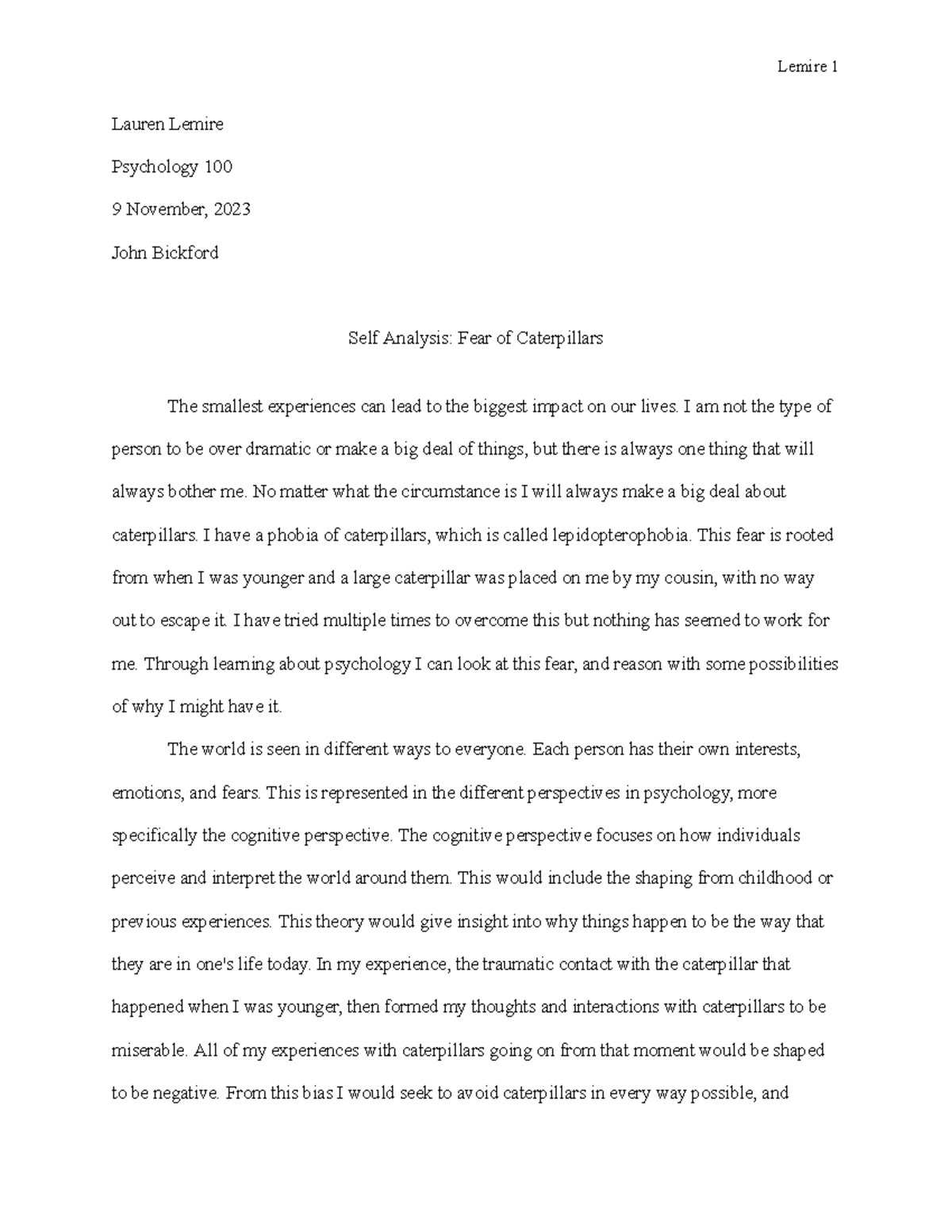 Self analysis paper - Lauren Lemire Psychology 100 9 November, 2023 ...