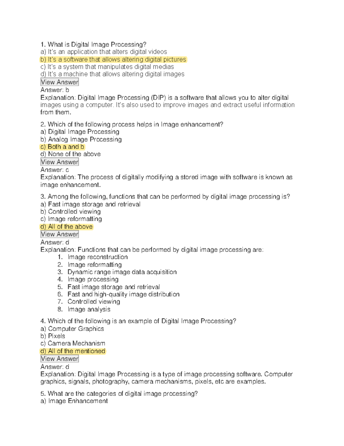 MCQ1 key - key for finals - What is Digital Image Processing? a) It’s an application that alters ...