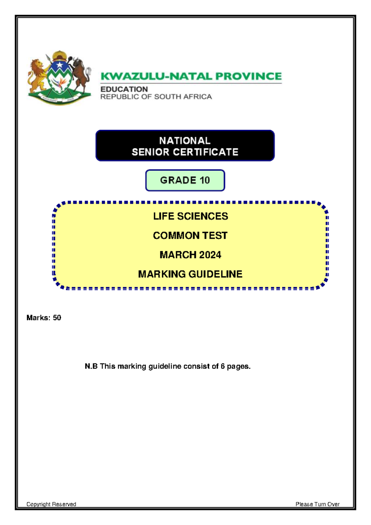 LIFE Sciences Grade 10 March 2024 MEMO - Marks: 50 N This marking ...