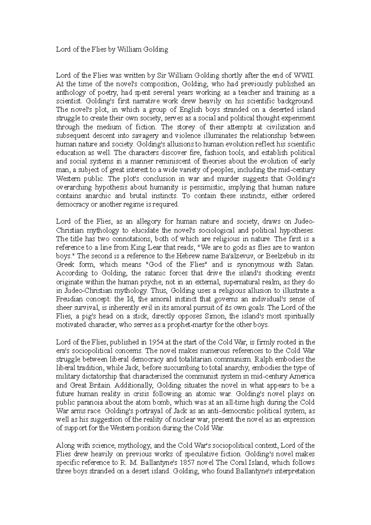 Lord of the Flies by William Golding - At the time of the novel's ...