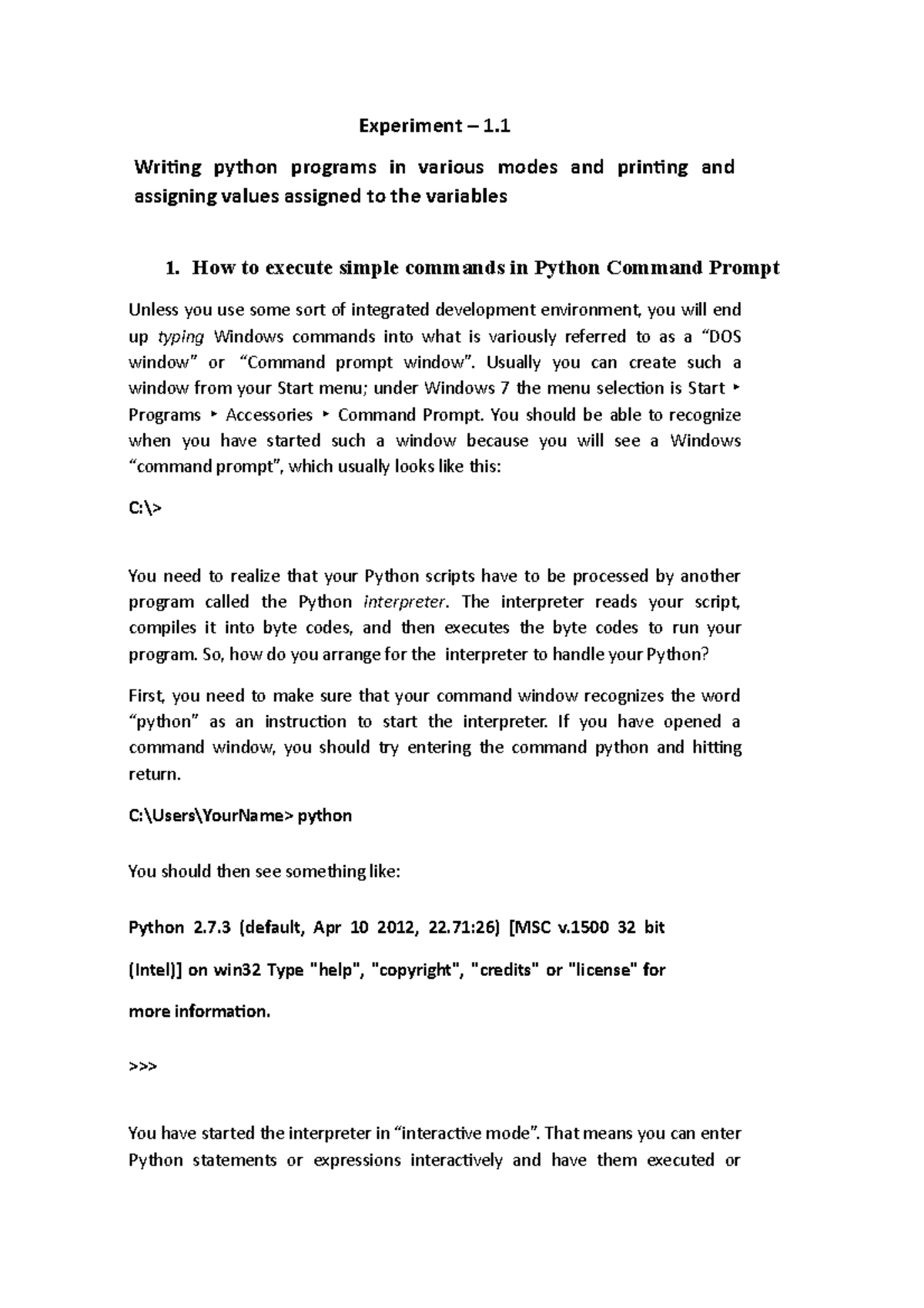 Experiment 1 - spftware engineering - Experiment – 1. Writing python ...
