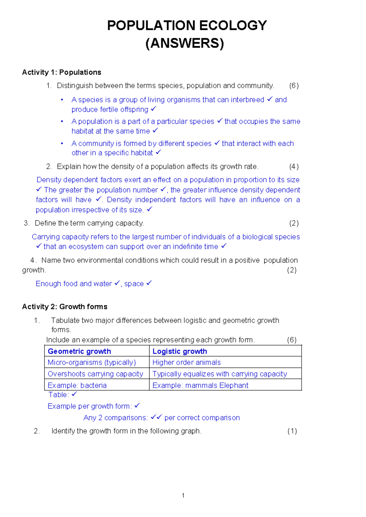 2022 Population Ecology Answers - Activity 1: Populations 1 ...