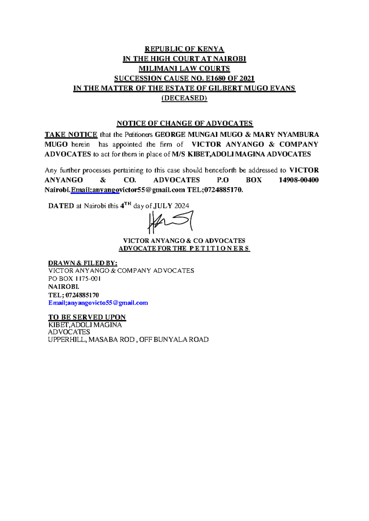 NOA MUGO - notice of appointment - REPUBLIC OF KENYA IN THE HIGH COURT ...