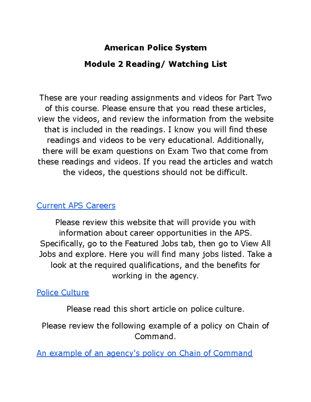 American Police System Module 2 Reading watch list - American Police ...