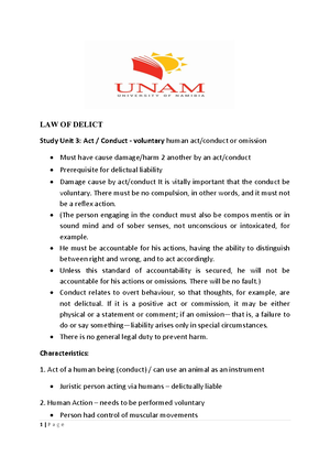 LAW OF Delict Lecture 2 Notes - LAW OF DELICT Study Unit 2 Introduction ...