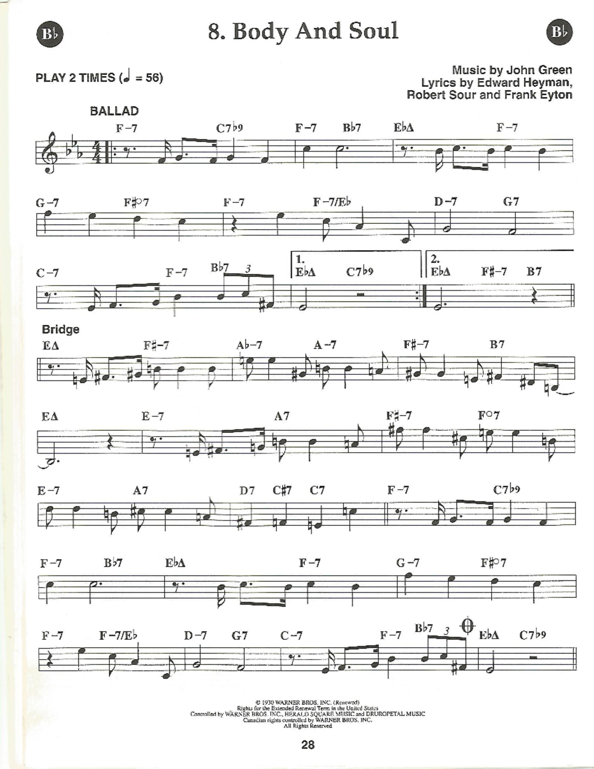 Body And Soul - Bb lead sheet - Bb 8. Body And Soul Bb PLAY 2 TIMES (d ...