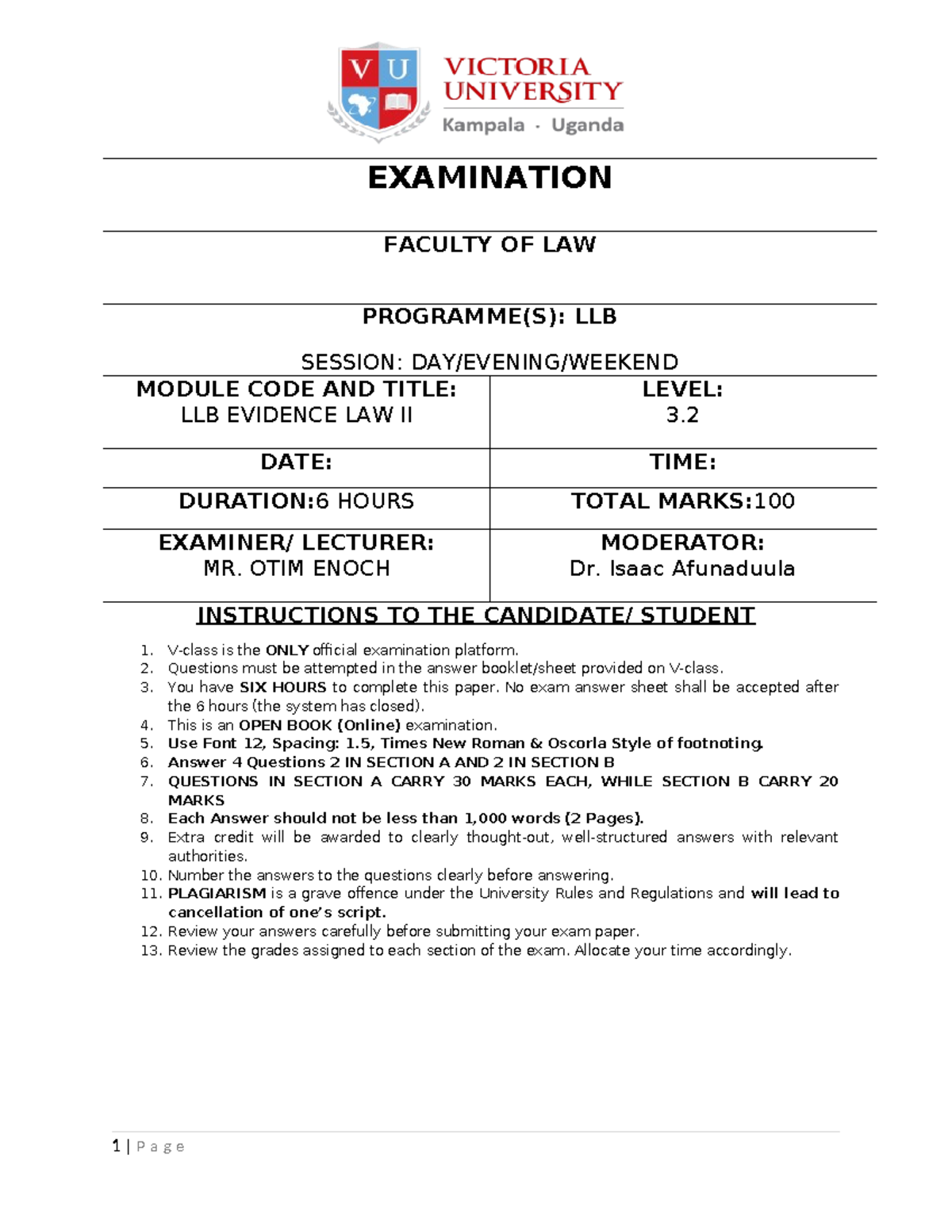 Evidence Law II Final Examination - EXAMINATION FACULTY OF LAW ...