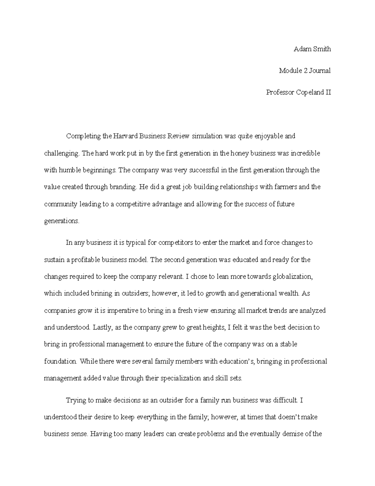BUS 400 Module 2 Journal Reflection on Harvard Simulation - Adam Smith ...