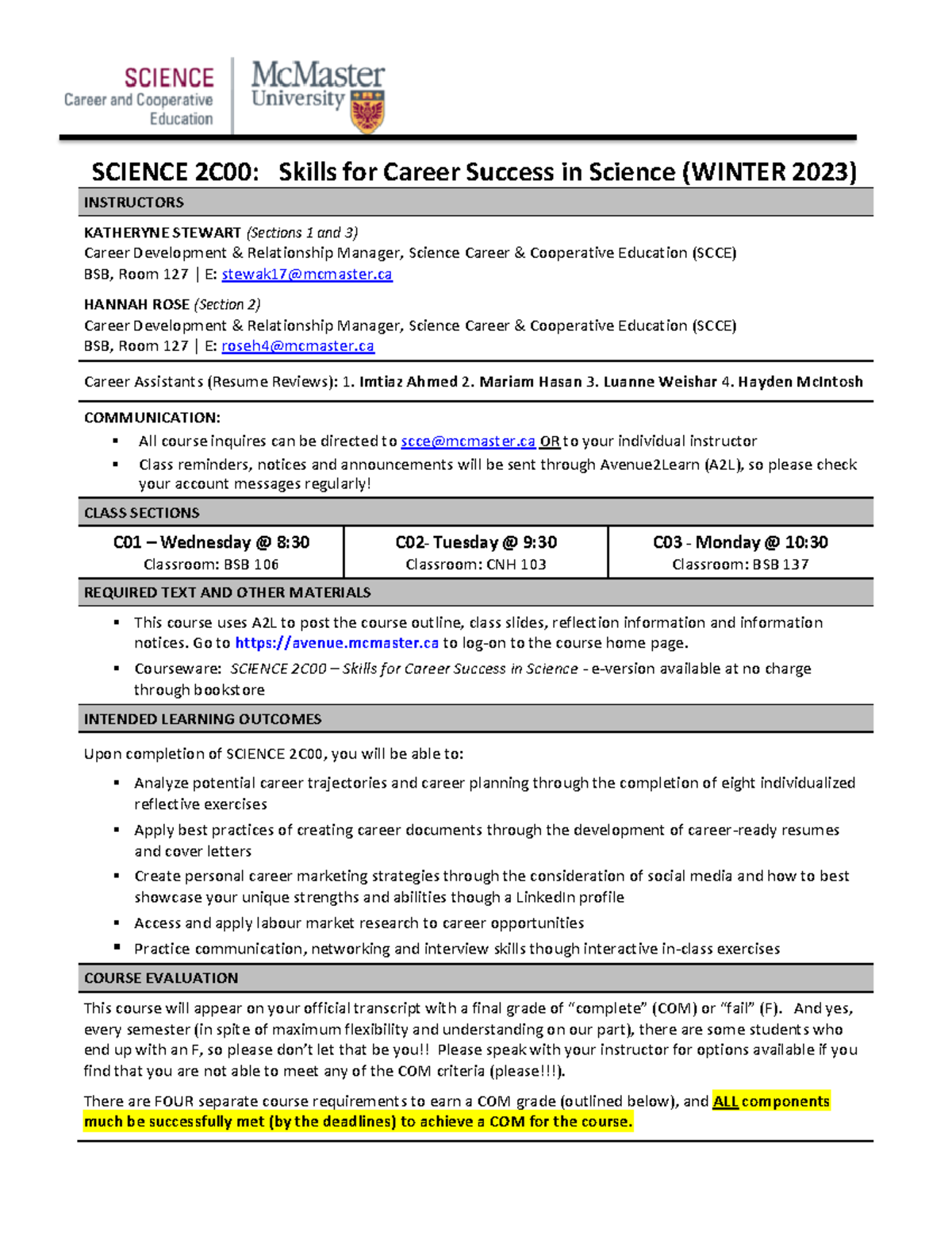 Winter 2023 - 2C00 Course Syllabus - SCIENCE 2C00: Skills for Career ...