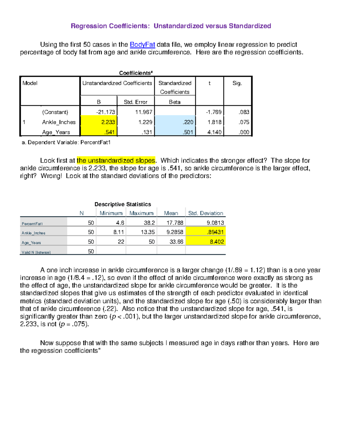 Regression Coefficients Unstandardized versus Standardized - Here are ...