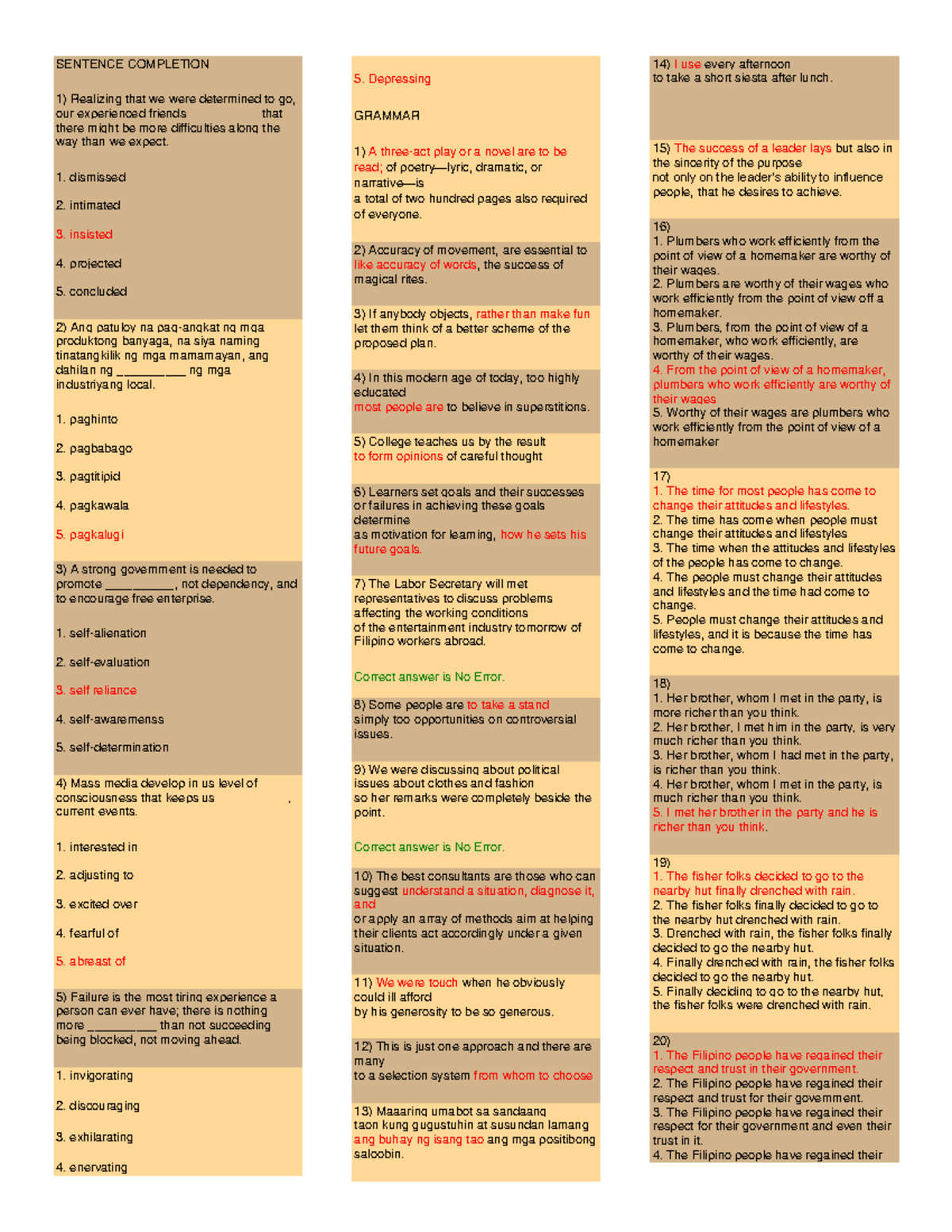 Civil Service Reviewer with Answer - SENTENCE COMPLETION Realizing that ...