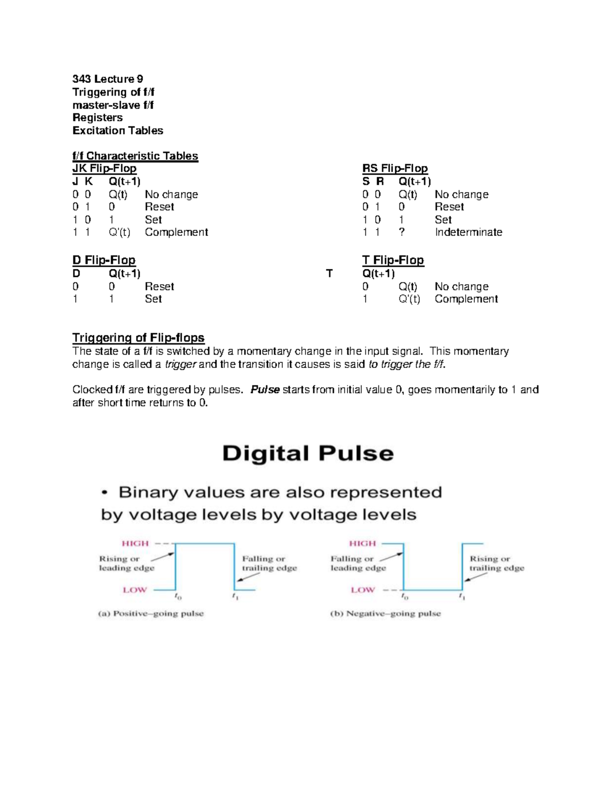 343Lec9 FL23 - Triggering of f/f master-slave f/f Registers Excitation ...