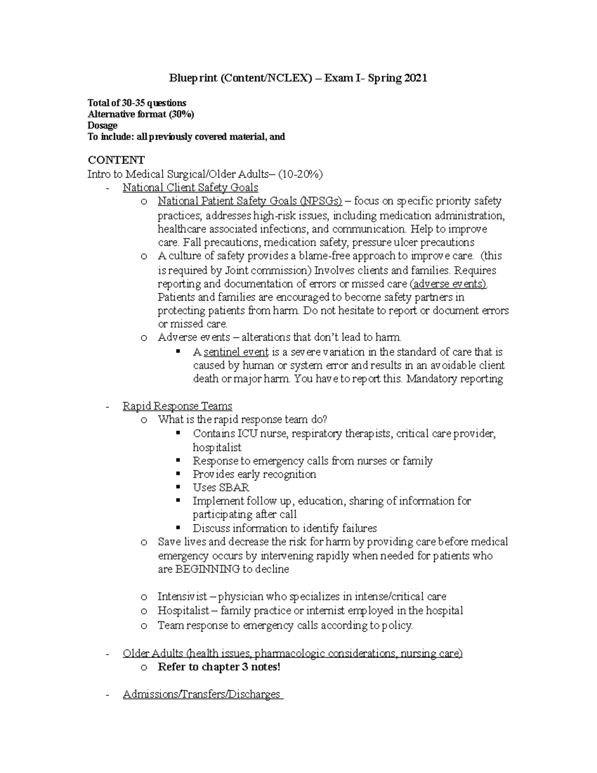 Blueprint Exam 1 - some notes - Blueprint (Content/NCLEX) – Exam I ...