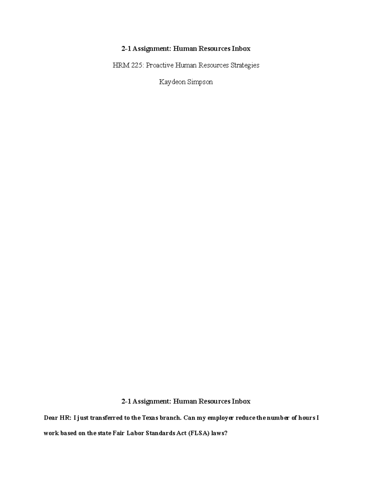 2-1 Human Resource Inbox - 2-1 Assignment: Human Resources Inbox HRM ...