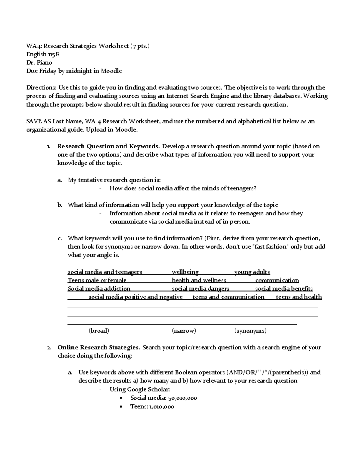 Badie, WA4 Research Worksheet - WA4: Research Strategies Worksheet (7 ...