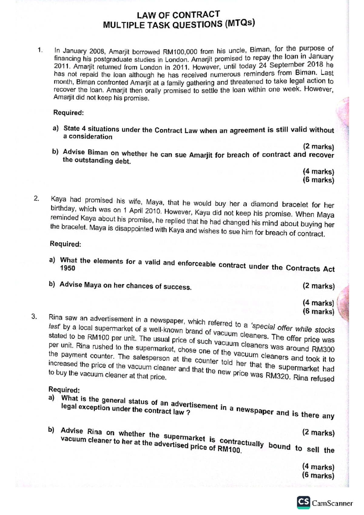 Contract law qs 1-8 - apa ni mat - Asas Pengurusan Kualiti - Studocu