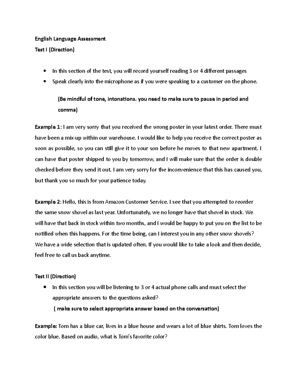 English Language Assessment - (Be mindful of tone, intonations. you ...