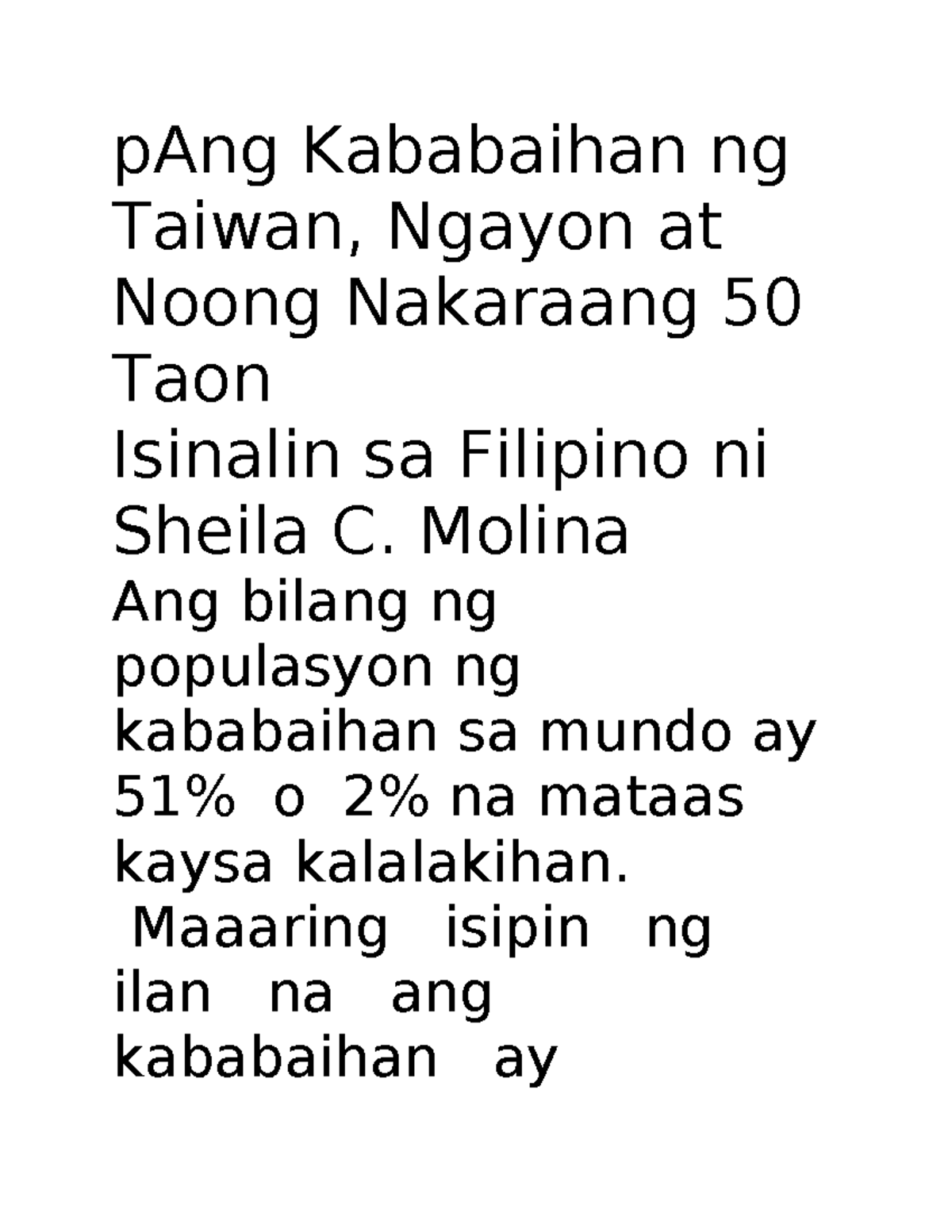 Filipino 9 activity - worksheet - pAng Kababaihan ng Taiwan, Ngayon at Noong Nakaraang 50 Taon ...