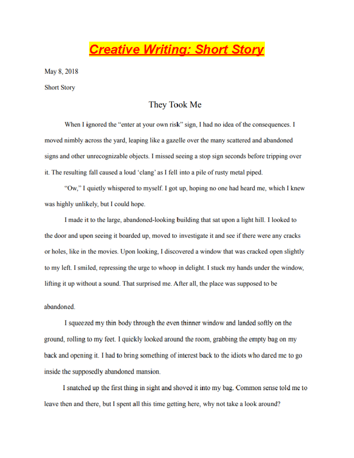 Creative Writing Short Story - HCOM 339S - Studocu