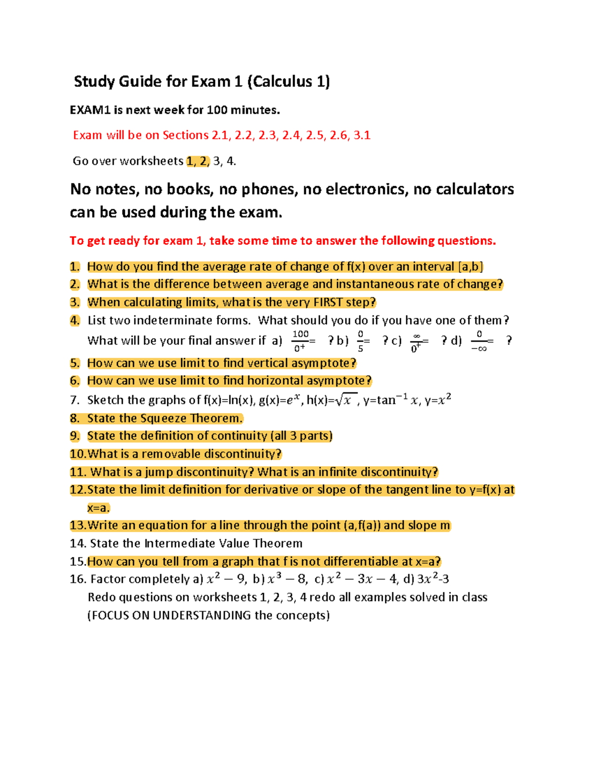 Study Guide Exam1 calculus 1 fall2024 - Study Guide for Exam 1 ...