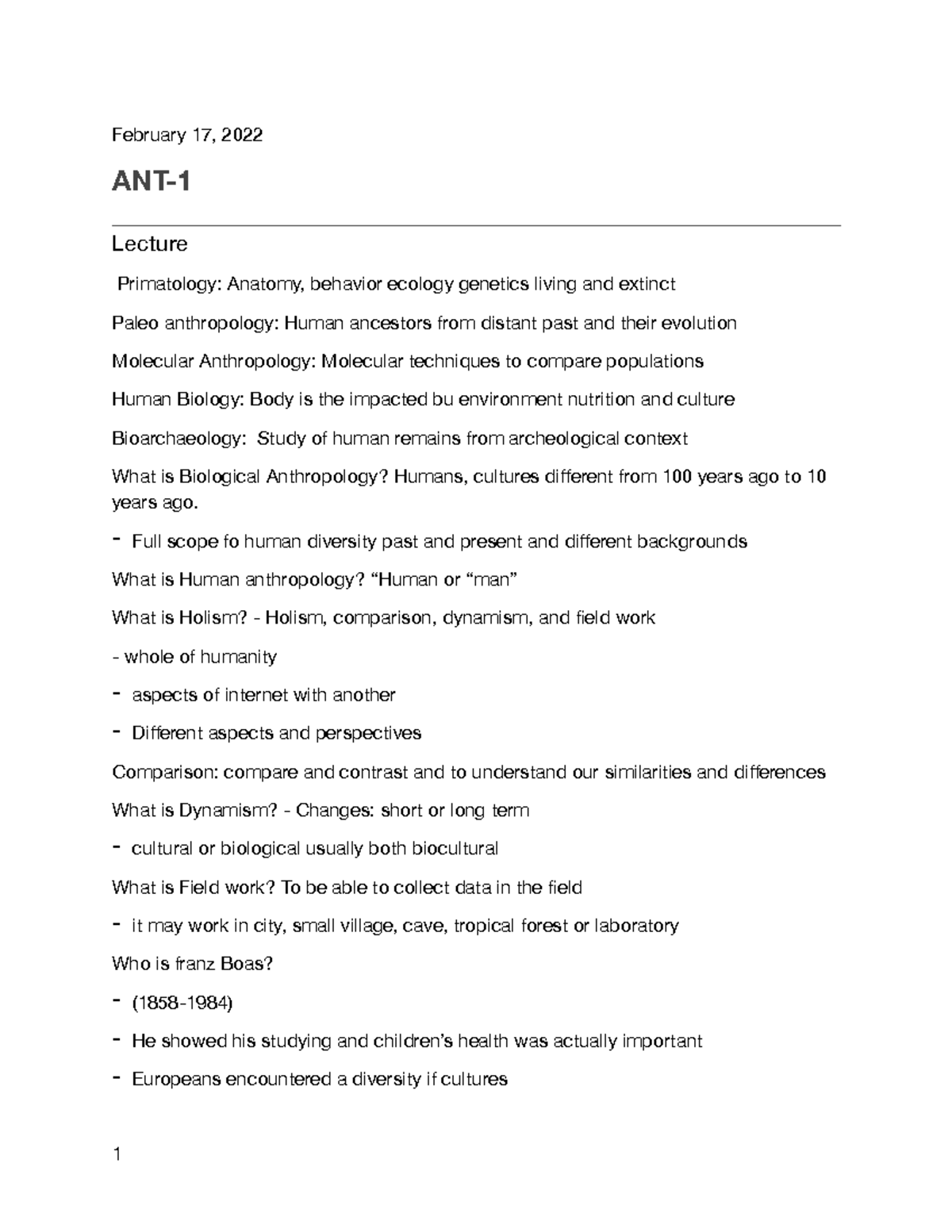 ANT-1 notes 1 - February 17, 2022 ANT- Lecture Primatology: Anatomy ...